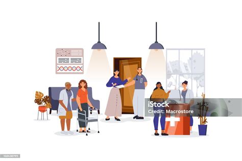 웹을 위한 캐릭터 장면이 있는 의료 클리닉 개념 상담을 받거나 재활을 받기 위해 의사를 방문하는 환자 플랫 디자인의 사람들 상황