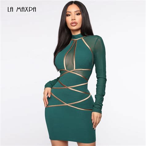 Vestido Bandage de rayón ajustado de manga larga para mujer de alta