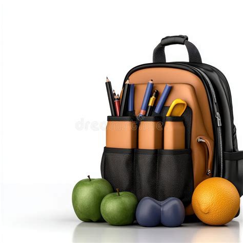 Tan Leather Backpack With School Supplies And Fruit On White Background