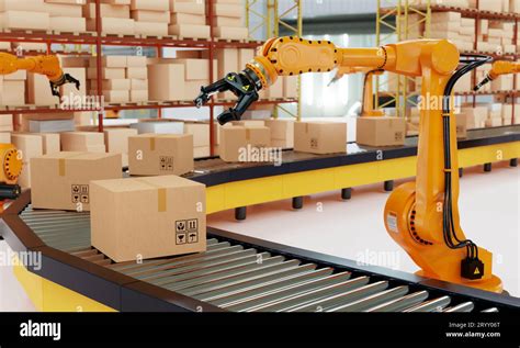 Industrial Robot Arm Grabbing The Cardboard Box On Roller Conveyor Rack