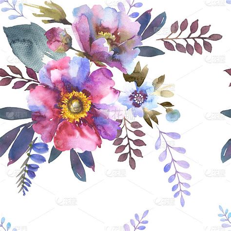 牡丹花园古董大的粉红色和绿松石花和蓝绿色的叶子无缝水彩图案的白色背景明信片纺织品设计衣服