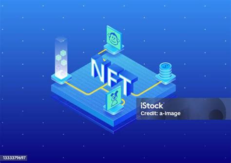 Nft 비 균등 토큰 개념 인포 그래픽 블록 체인을 통해 구입 한 디지털 아트 워크의 3d Isometric 벡터 일러스트레이션