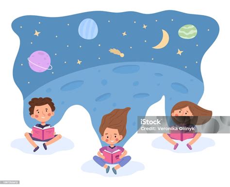 상상력 책 세계 어린이 판타지 개념 아이들은 마법의 동화 벡터 일러스트를 상상합니다 소년과 소녀는 마법의 생활 독서 이야기 책을 상상 가리기에 대한 스톡 벡터 아트 및 기타