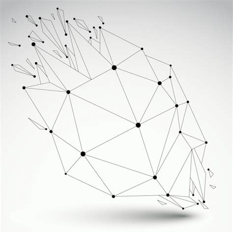 벡터 차원 와이어프레임 개체 굴절 및 잔해가 있는 비대칭 철거 모양 3d 메쉬 기술 요소가 조각으로 나뉩니다 프리미엄 벡터