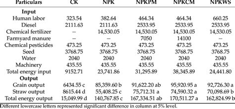 energy input and output mj ha −1 under different treatments of wheat