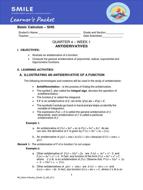 Smile Basic Calculus Q4 Week 1 Pdf Function Mathematics
