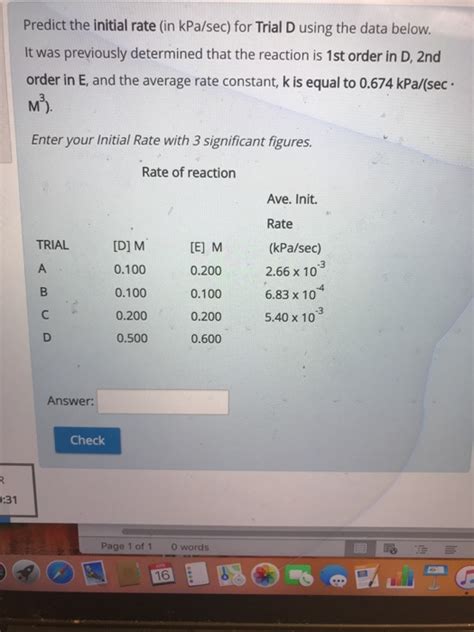 solved predict the initial rate in kpa sec for trial d