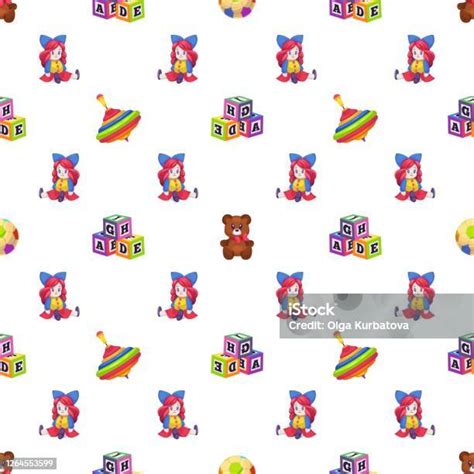 어린이 장난감 매끄러운 패턴 아이들은 인형 소용돌이와 흰색 배경에 곰 보육 벽지 직물과 포장을위한 유치한 질감 흰색벡터