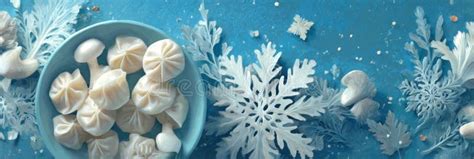 Stylized Snowflake Background Featuring Frozen Dumplings And Vegetables Arranged On A Bright