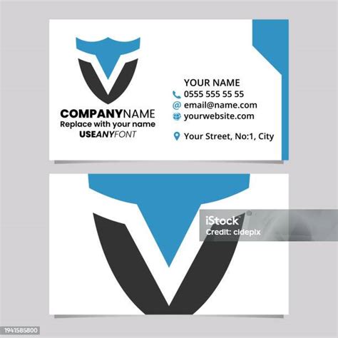 파란색과 검은색 명함 서식 파일 와 방패 모양의 편지 V 로고 아이콘 개념에 대한 스톡 벡터 아트 및 기타 이미지 개념