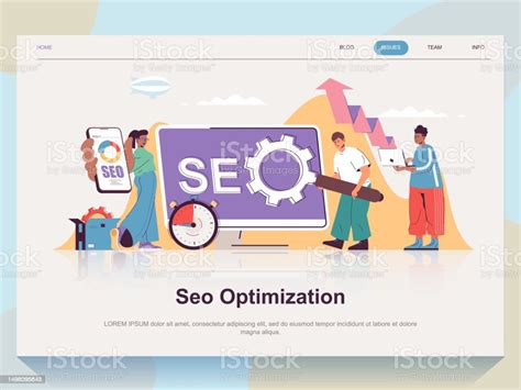 플랫 디자인의 랜딩 페이지에 대한 Seo 최적화 웹 개념입니다 분석을 연구하고 순위 및 사이트 트래픽을 최적화하는 남성과 여성 웹 사이트 홈페이지에 대한 사람들 장면이 있는
