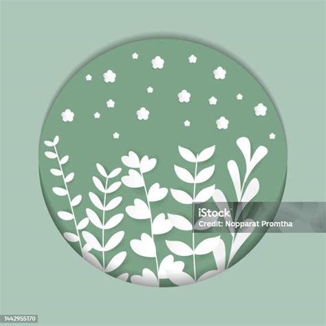 散在する花を持つ植物の葉の枝のグループ柔らかい緑と白のトーンに紙切りスタイルのベクターイラスト 物の形のベクターアート素材や画像を多数ご