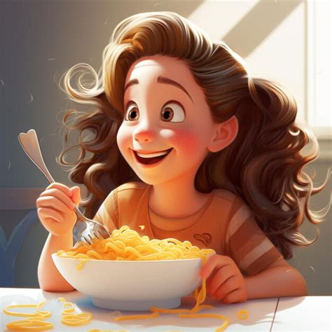 Premium Photo Cartoon Girl Eating A Bowl Of Spaghetti With A Fork And