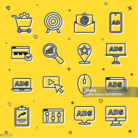 광고 메일 및 전자 메일 돋보기 분석 웹 사이트 템플릿 장바구니 및 스타 아이콘이 있는 맵 포인터를 설정합니다 벡터 0명에 대한 스톡 벡터 아트 및 기타 이미지 Istock