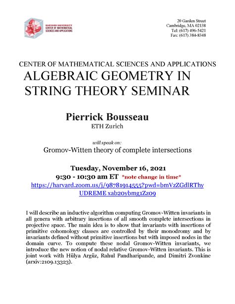 Gromov Witten Theory Of Complete Intersections CMSA