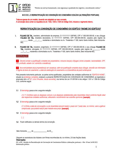 Modelo De Rerratificacao De Convencao De Condominio Edilicio Alteracoes