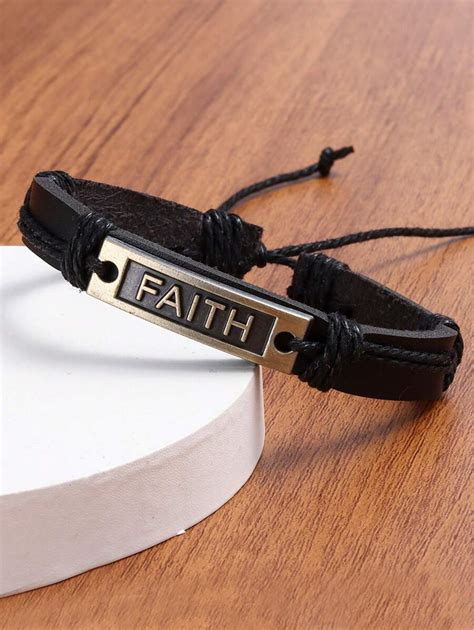 1pc Punk Pu Polyurethane Letter Detail Rectangle Decor Bracelet For