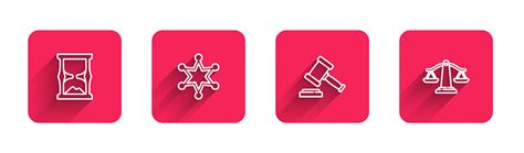 세트 라인 오래된 모래 시계 육각형 보안관 판사 망치 및 긴 그림자가 있는 정의의 비늘 빨간색 사각형 버튼입니다 벡터 개척시대의 서부에 대한 스톡 벡터 아트 및 기타 이미지