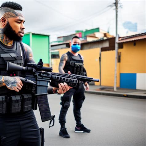 Tattooed Thugs With Rifles Talking In A Favela In Rio De Jan By