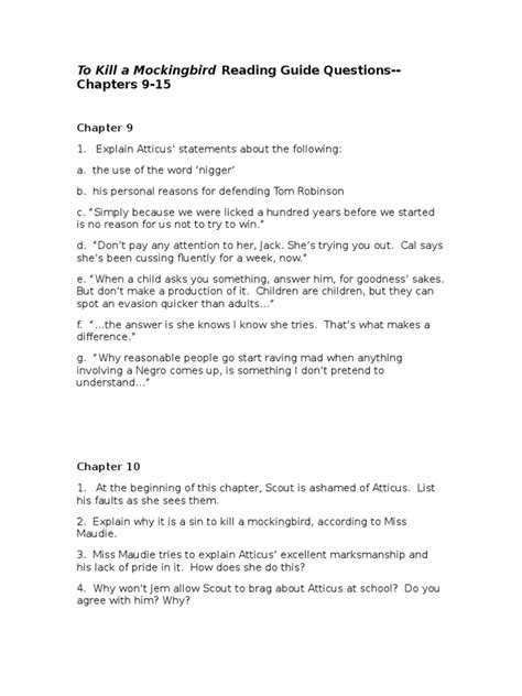 To Kill A Mockingbird Reading Guide Chapters 9 To Kill A Mockingbird