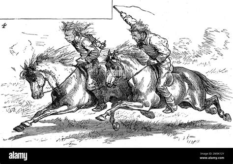 Two Men Whipping And Racing Their Ponies C1880 This Scene Shows A