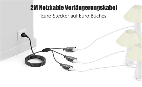 3 in 1 Verlängerungskabel 2M Stromkabel Verlängerung Netzkabel Typ C Stecker Eurostecker 3 Fach