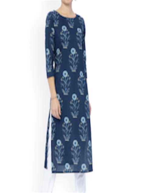 Buy Vishudh Women Navy Blue Ethnic Motifs Printed Kurta Kurtas For