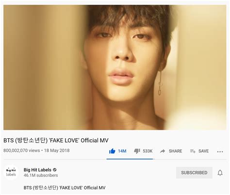 201101 Fake Love Has Now Surpassed 800 Million Views On Youtube R