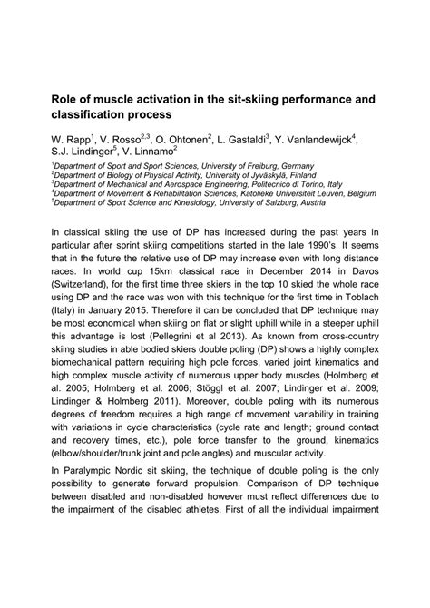 Pdf Role Of Muscle Activation In The Sit Skiing Performance And Classification Process