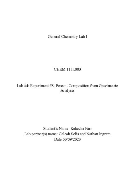 Lab Report 4 Example General Chemistry Lab I Chem 1111 Lab 4