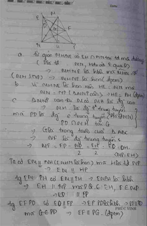 Toán Lớp cho tam giác MNP cân tại M có MH là đường cao và D là trung điểm MN gọi E là