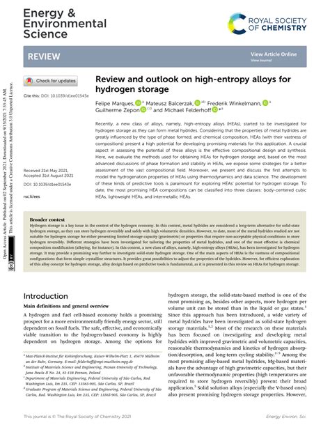 Pdf Review And Outlook On High Entropy Alloys For Hydrogen Storage