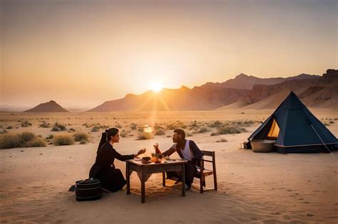Premium Ai Image A Couple Having A Picnic In The Desert At Sunset