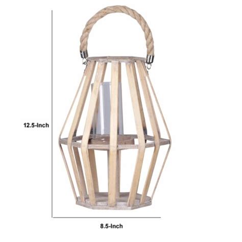 Saltoro Sherpi Wooden Lattice Pentagon Lantern With Rope Handle Beige