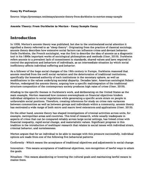 📗 Anomie Theory From Durkheim To Merton Essay Sample Free Essay