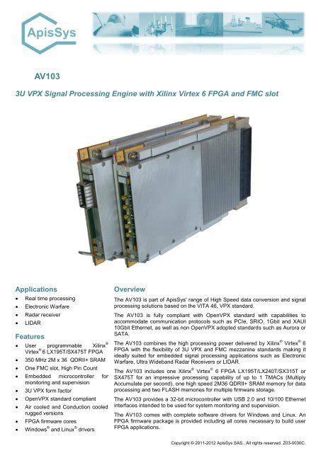 3U VPX Signal Processing Engine With Xilinx Virtex 6 ApisSys