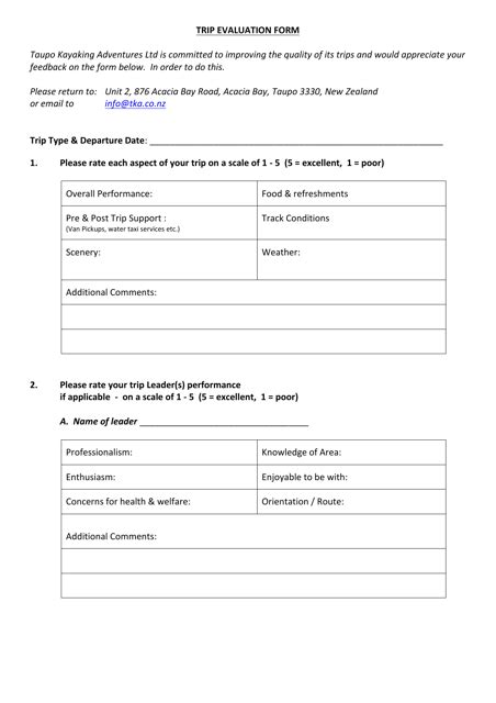 Trip Evaluation Form Taupo Kayaking Adventures Ltd Fill Out Sign Online And Download Pdf
