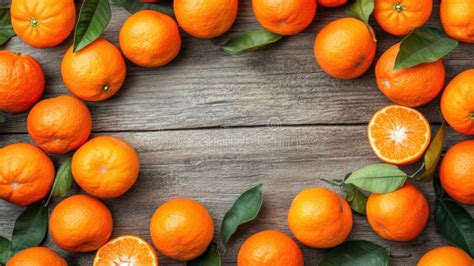 A Top View Arrangement Of Juicy Oranges Forming A Border Around A Wooden Table Stock