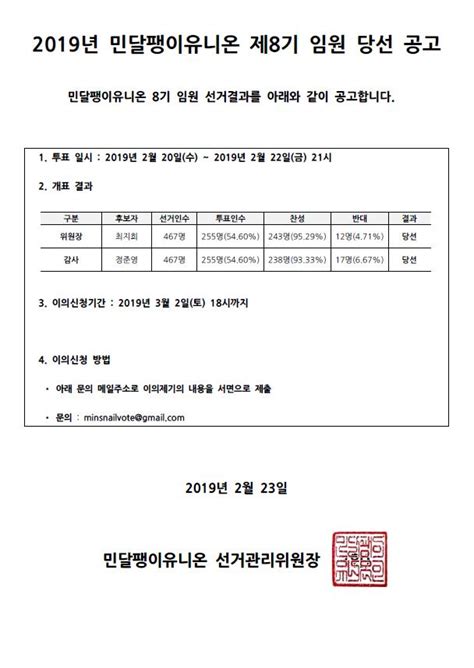 2019년 민달팽이유니온 제8기 임원 당선 공고 민달팽이유니온