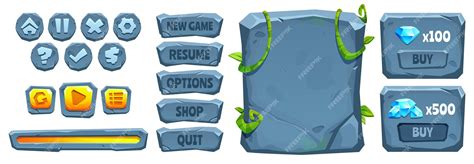 Free Vector Jungle Stone Game Ui Buttons Set