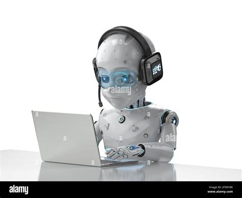Automation Office Worker Concept With 3d Rendering Cute Robot Work With Computer Notebook
