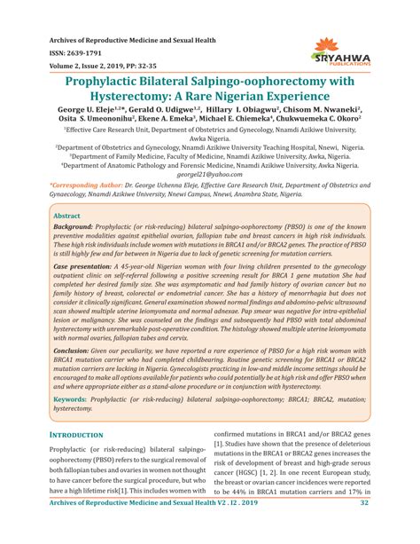 Pdf Prophylactic Bilateral Salpingo Oophorectomy With Hysterectomy A