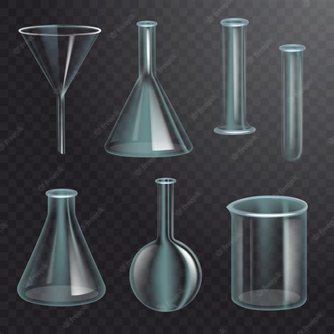 현실적인 화학 플라스 크의 집합입니다 투명 빈 깔때기 전구 병 시험관 필터 어두운 투명 배경 현실적인 3d 일러스트 프리미엄 벡터