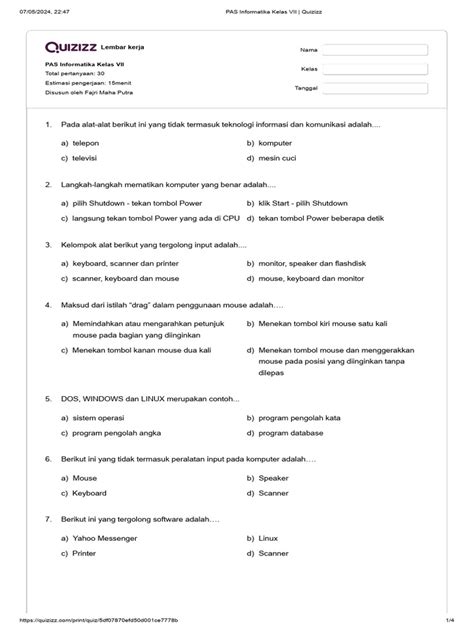 Pas Informatika Kelas Vii Quizizz Pdf Game And Aktivitas Komputer