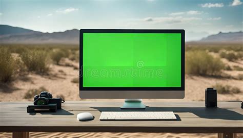 Desktop Computer With Green Screen In Desert Setting Stock Illustration
