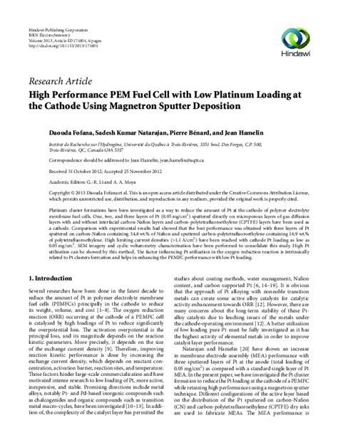 Pdf High Performance Pem Fuel Cell With Low Platinum Loading At The Cathode Using Magnetron
