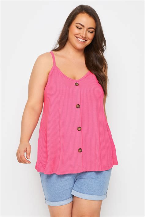 Yours Plus Size Pink Ribbed Button Front Cami Top Yours Clothing