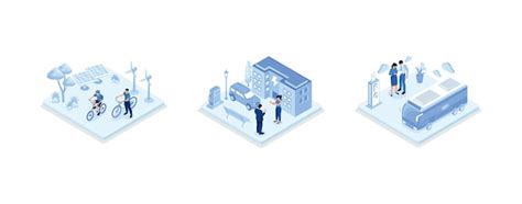 지속 가능한 교통 일러스트 세트입니다 충전소 근처 개인 전기 자동차 전자 자전거 프리미엄 벡터