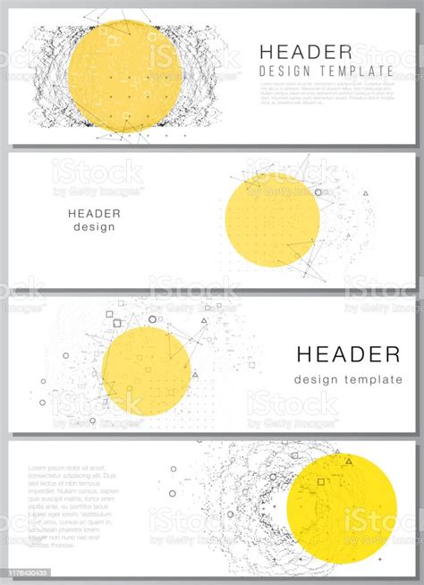 헤더 배너 디자인 템플릿의 편집 가능한 레이아웃의 최소 벡터 그림 동적 입자가 있는 과학 또는 기술 3d 배경 화학 및 과학 개념 3차원 형태에 대한 스톡 벡터 아트 및