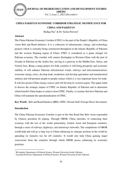 Pdf China Pakistan Economic Corridor Strategic Significance For